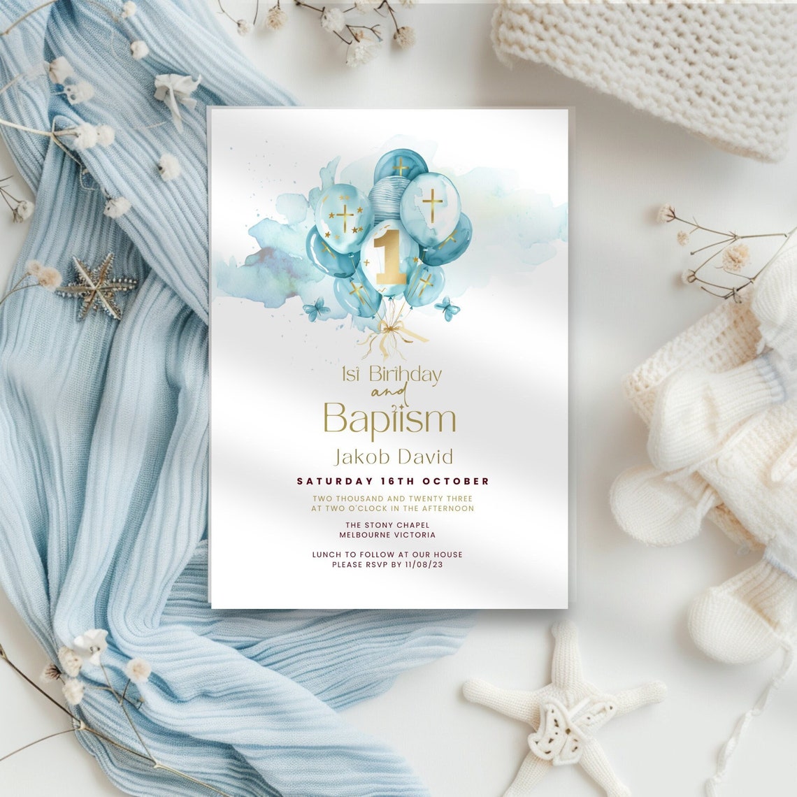 Baptism and First Birthday Invitation Boy, 1st Birthday Invite, Blue ...