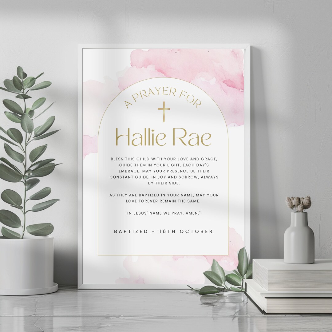 Baptism Prayer Sign, Pink Watercolor Decor Sign for Boy, Christening ...