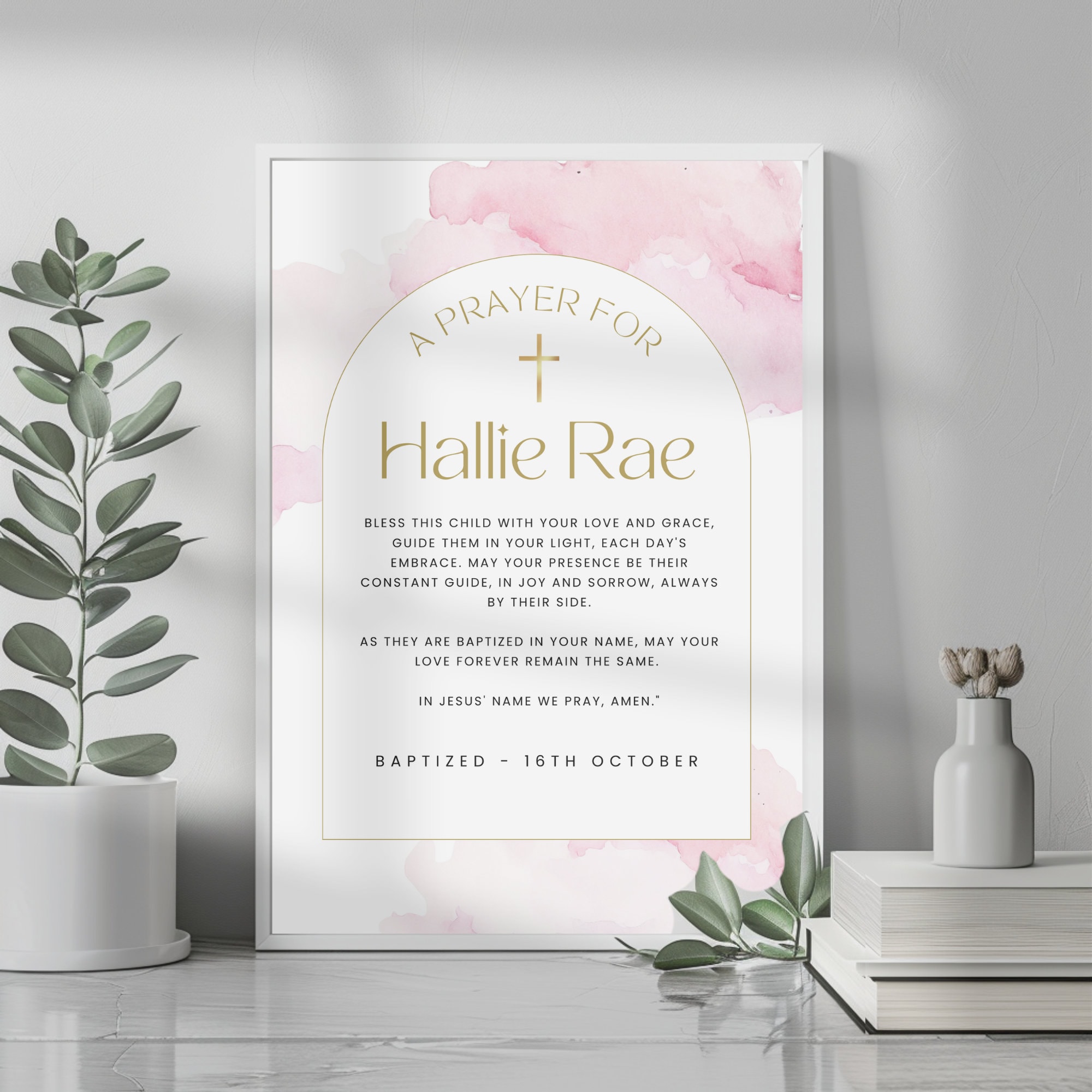 Baptism Prayer Sign, Pink Watercolor Decor Sign for Boy, Christening ...
