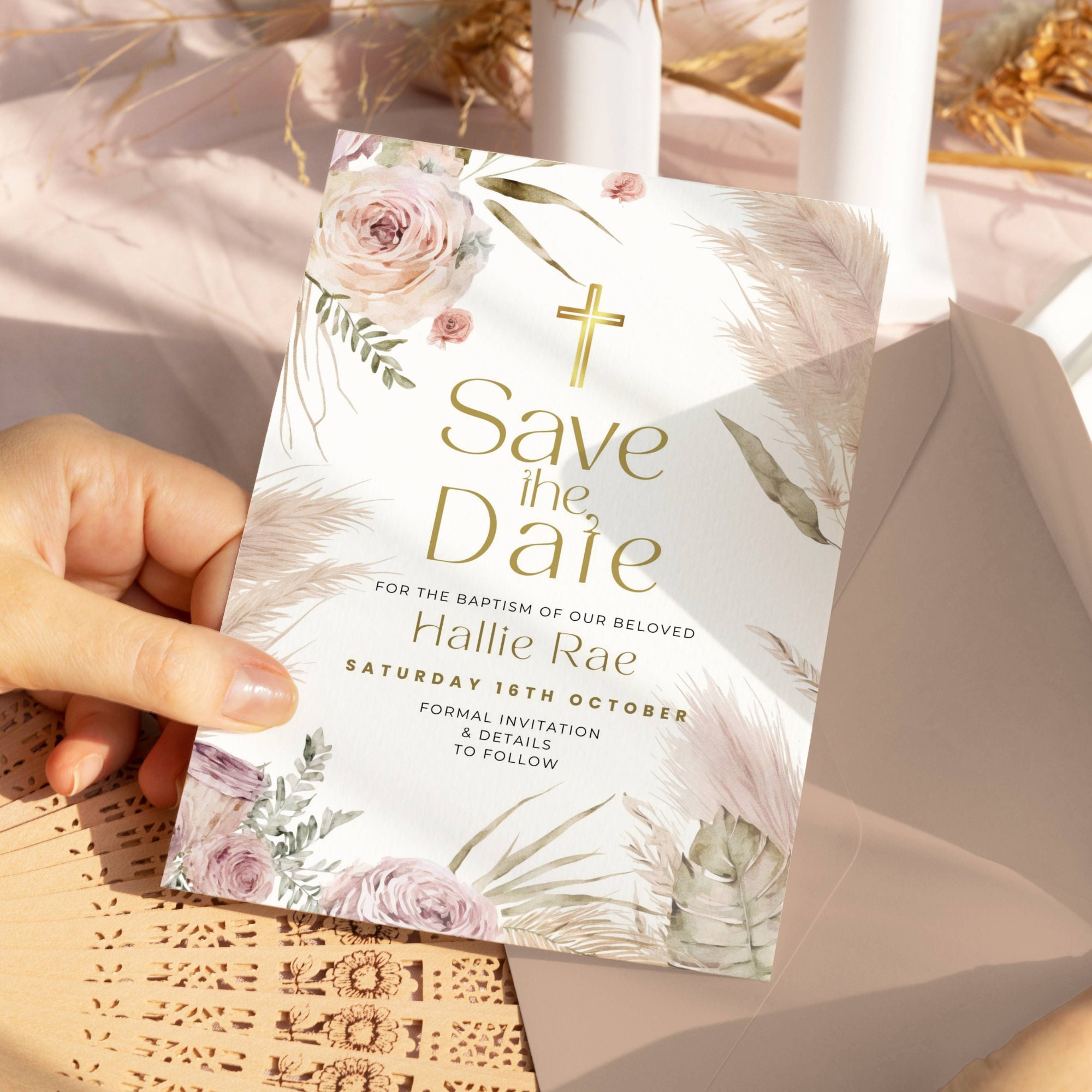 Save the Date Baptism Card Printable Girl and Pink Christening Party ...