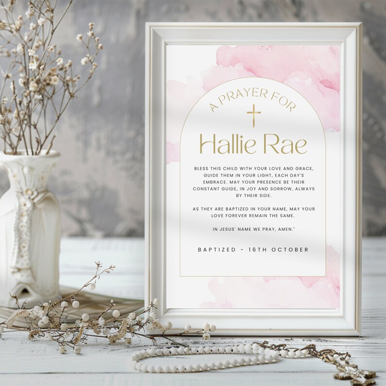 Baptism Prayer Sign, Pink Watercolor Decor Sign for Boy, Christening ...