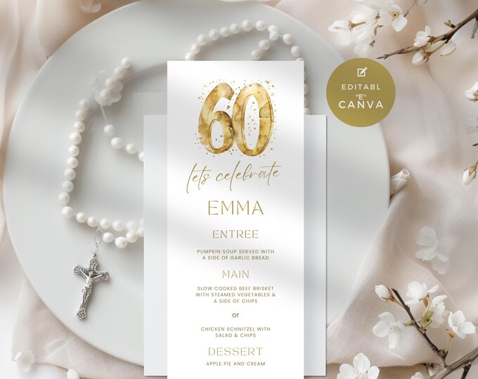 60th Birthday Menu Template Printable, Hand Drawn Dinner Menu for 60th ...
