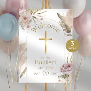 Baptism Welcome Sign Arch, Rustic Boho Pink Floral Flowers, Pampas ...