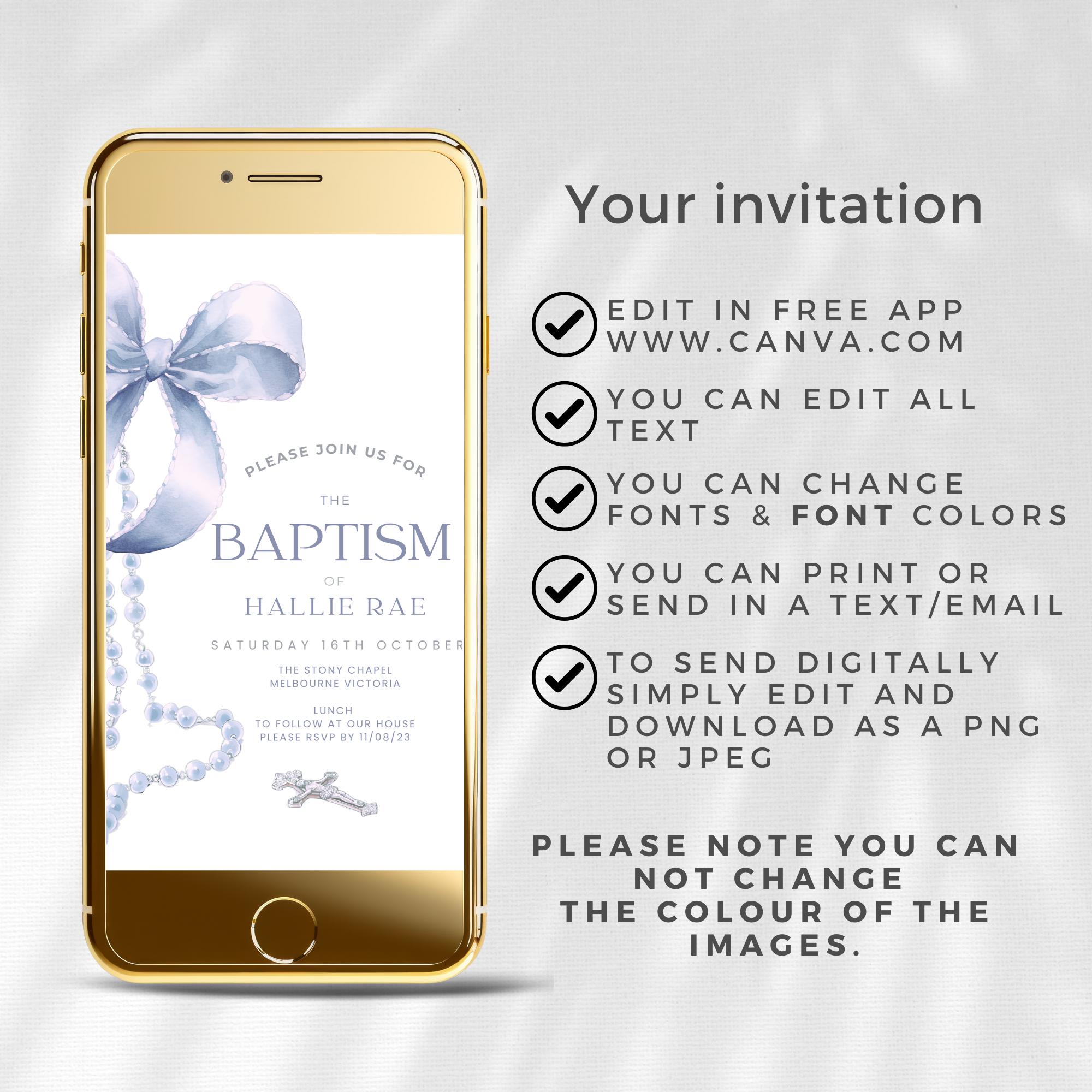 Baptism Invitation for Boy, Modern Blue Croquette Bow Design ...