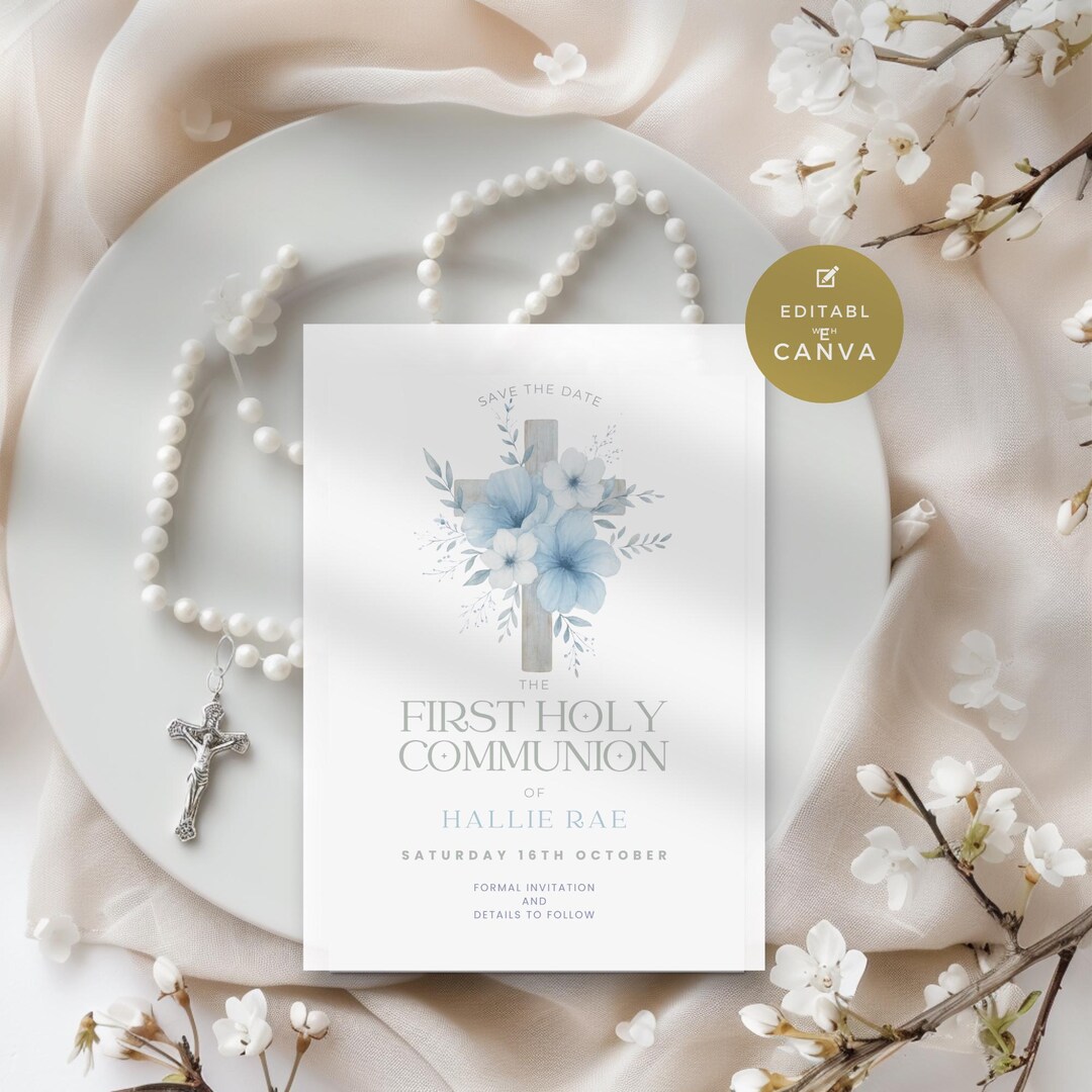 First Holy Communion Save the Date Invitation Blue Floral Cross and ...