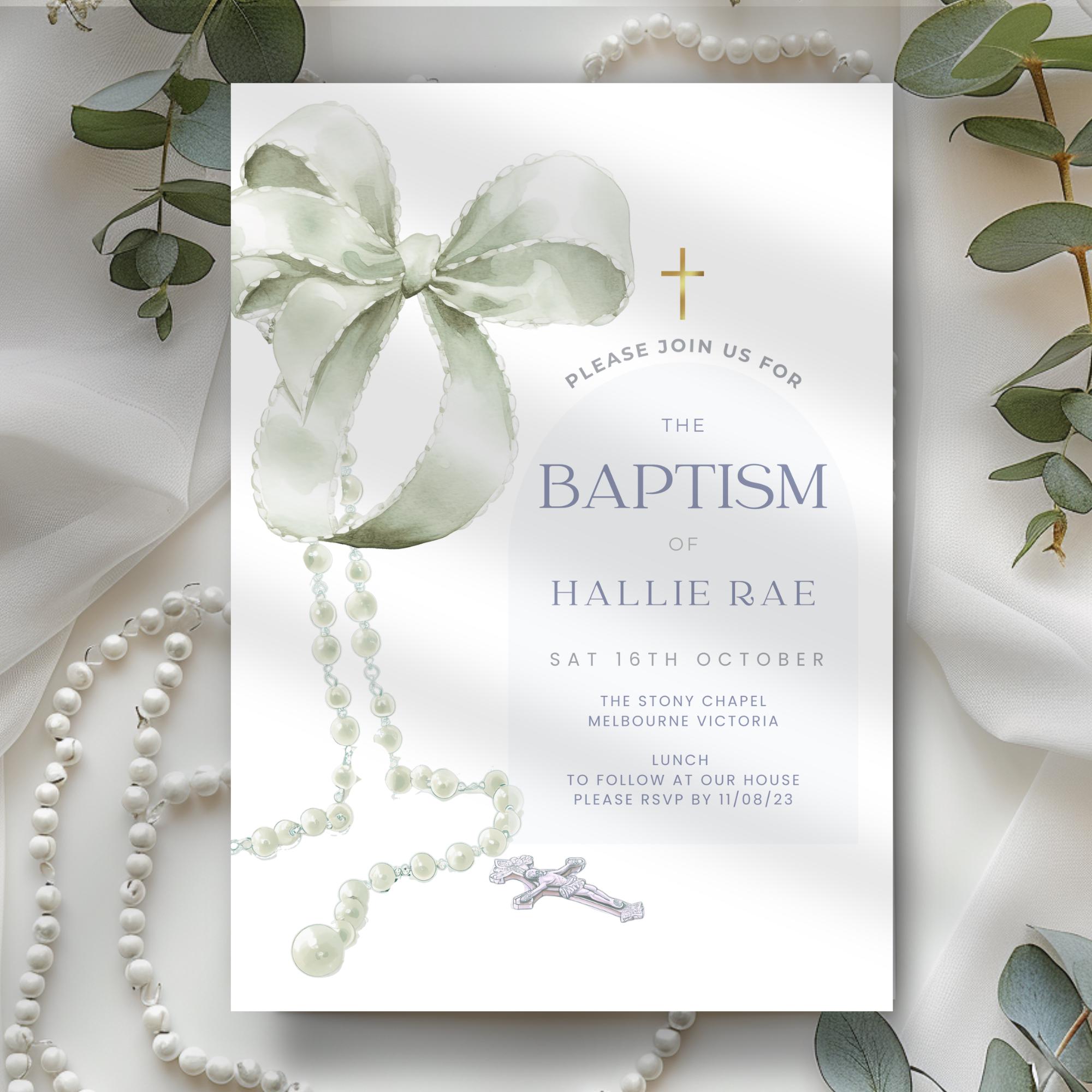 Baptism Invite Sage Green, Girl or Boy, Modern Croquette Bow & Rosary ...