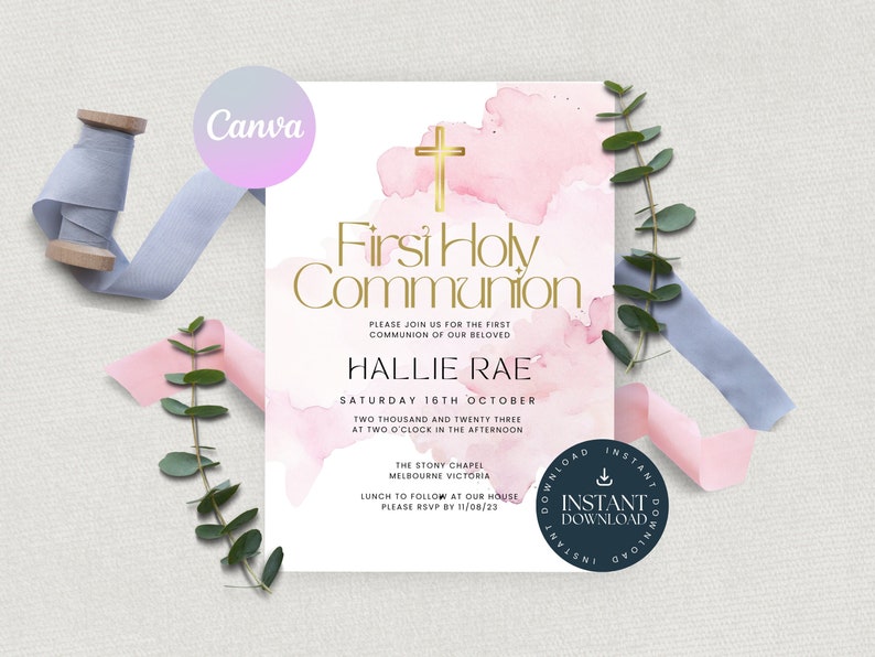 Girls First Holy Communion Invitation, Pink Watercolor Invite With ...