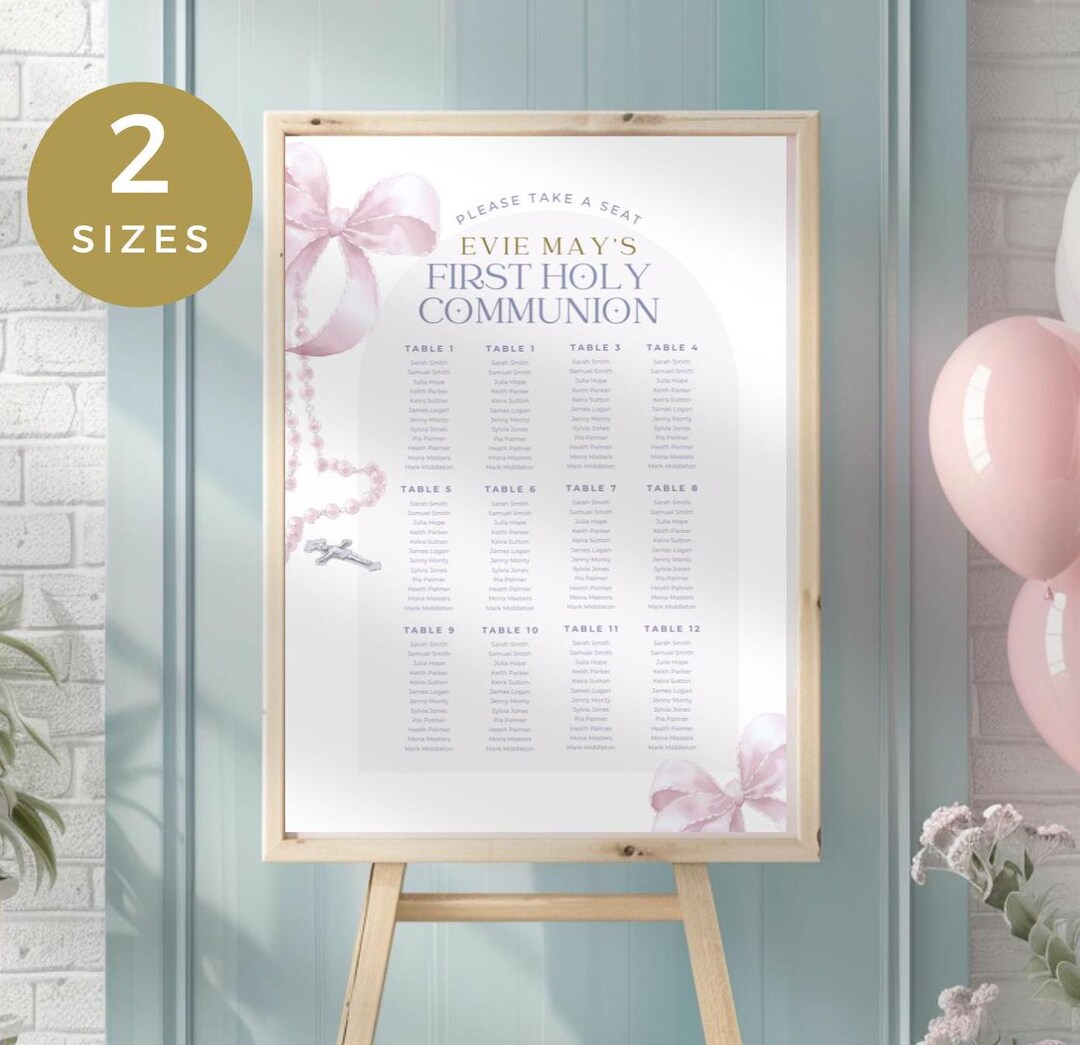 First Holy Communion Seating Chart, Pink Bow & Rosary Beads, 1st ...