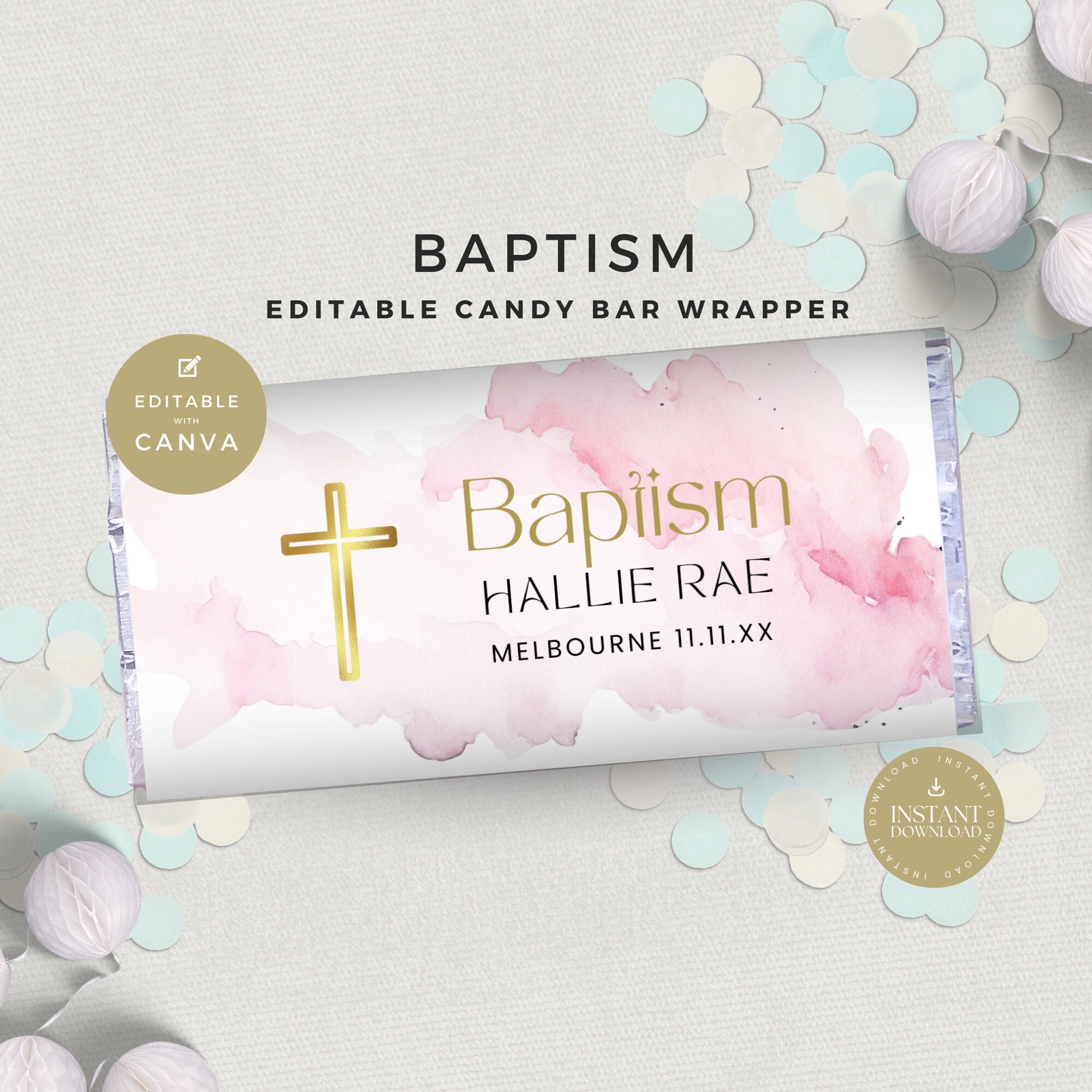 Chocolate Bar Wrapper for Baptism, Pink Candy Bar Template Canva, Babys ...