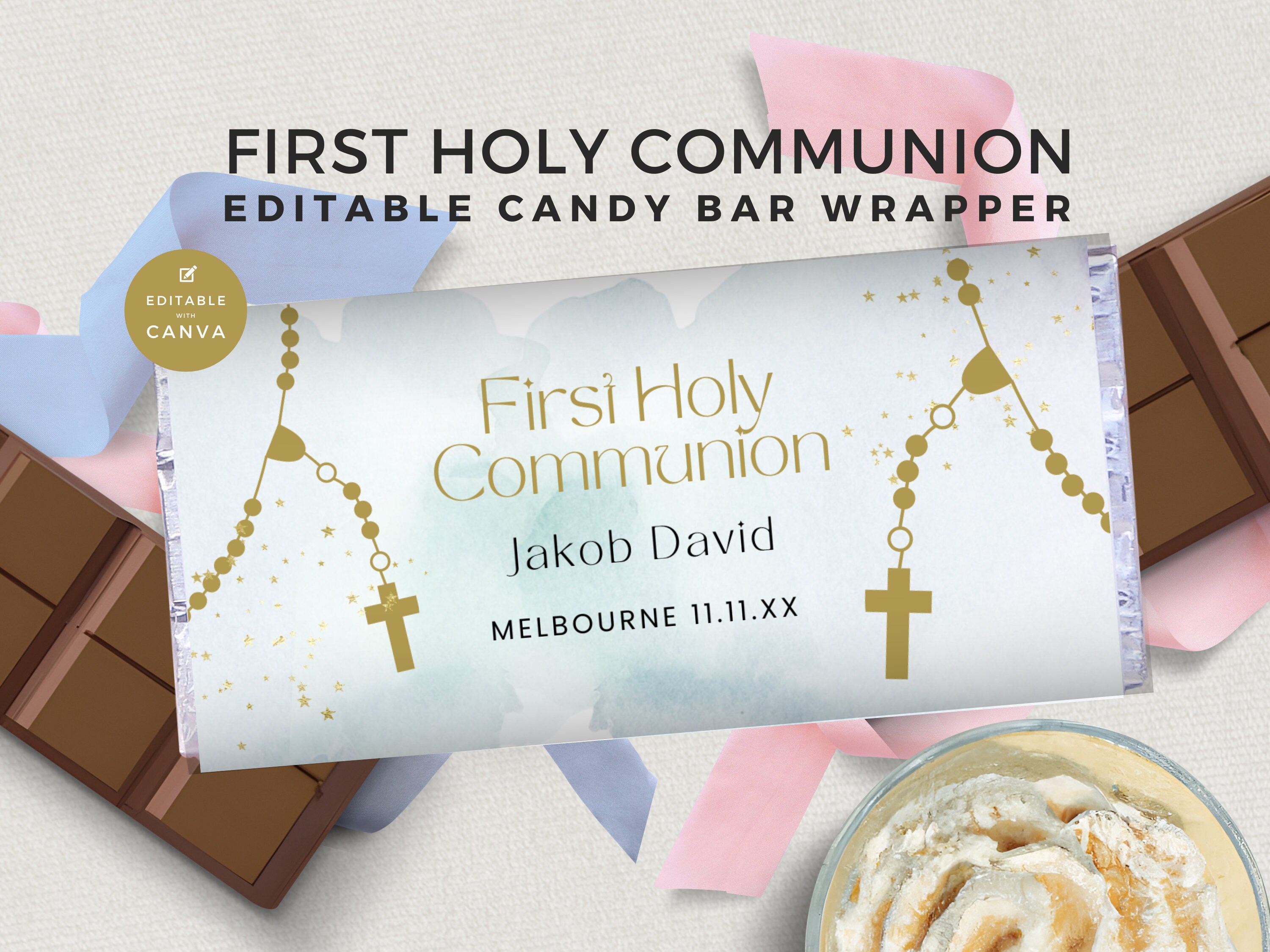 Blue First Holy Communion Candy Bar Wrapper Watercolor, Boy ...
