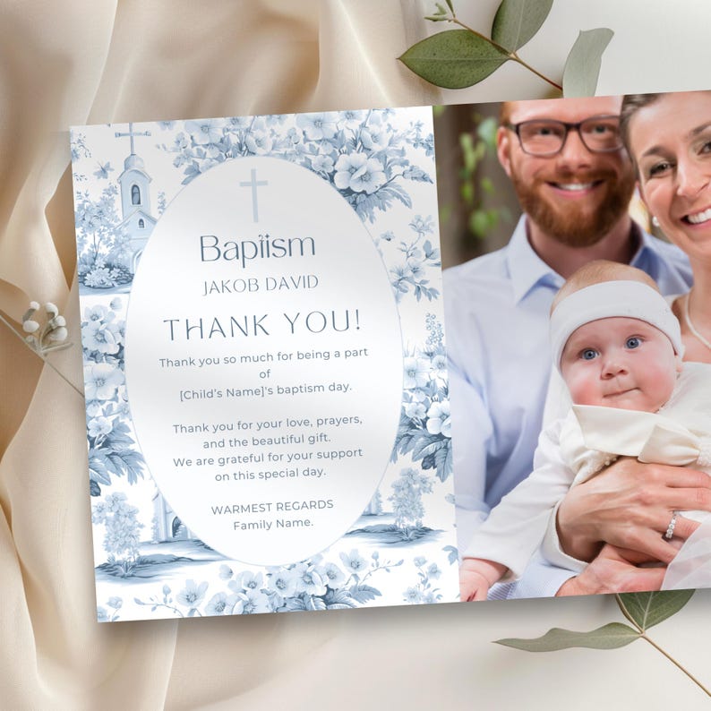 Baptism Thank You Card With Picture, Blue Toile De Jouy, Editable Baby ...