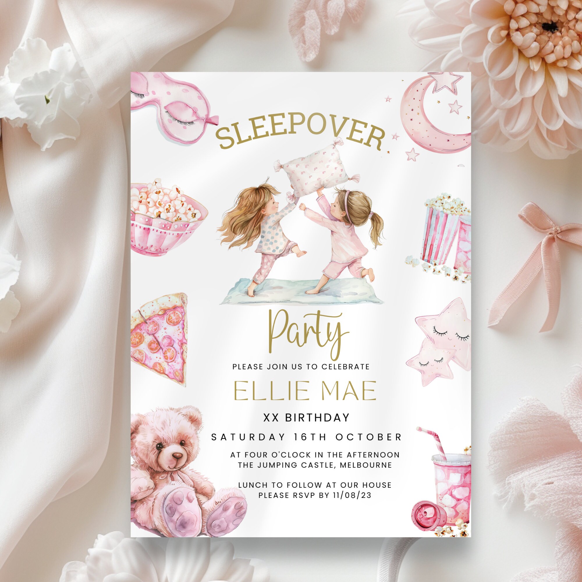 7th Birthday Sleepover Invitation, 6th, 8th, 9th, 10th, 11th Pajama ...