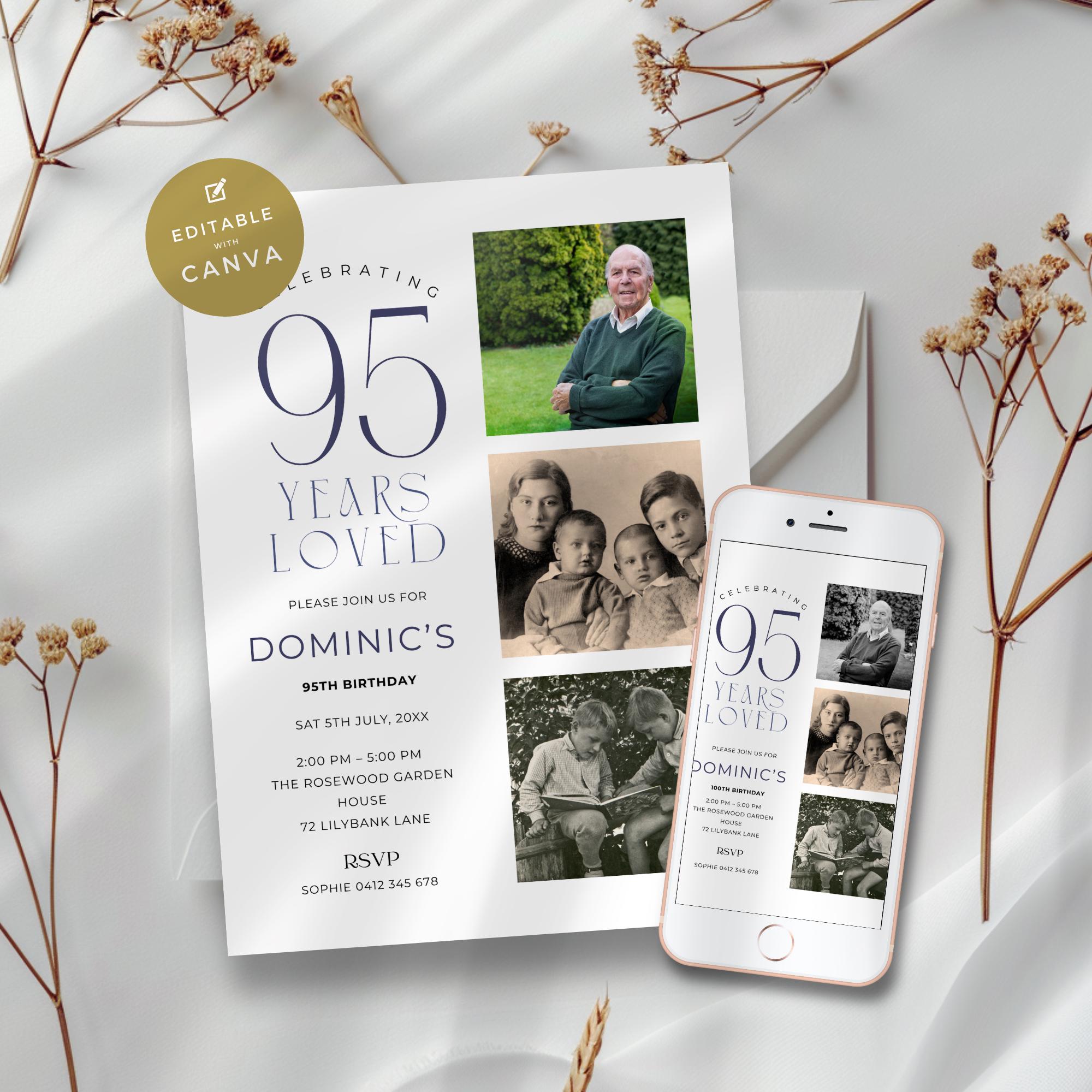 95th Birthday Invitation Digital, Modern, Minimal Years Loved Party ...