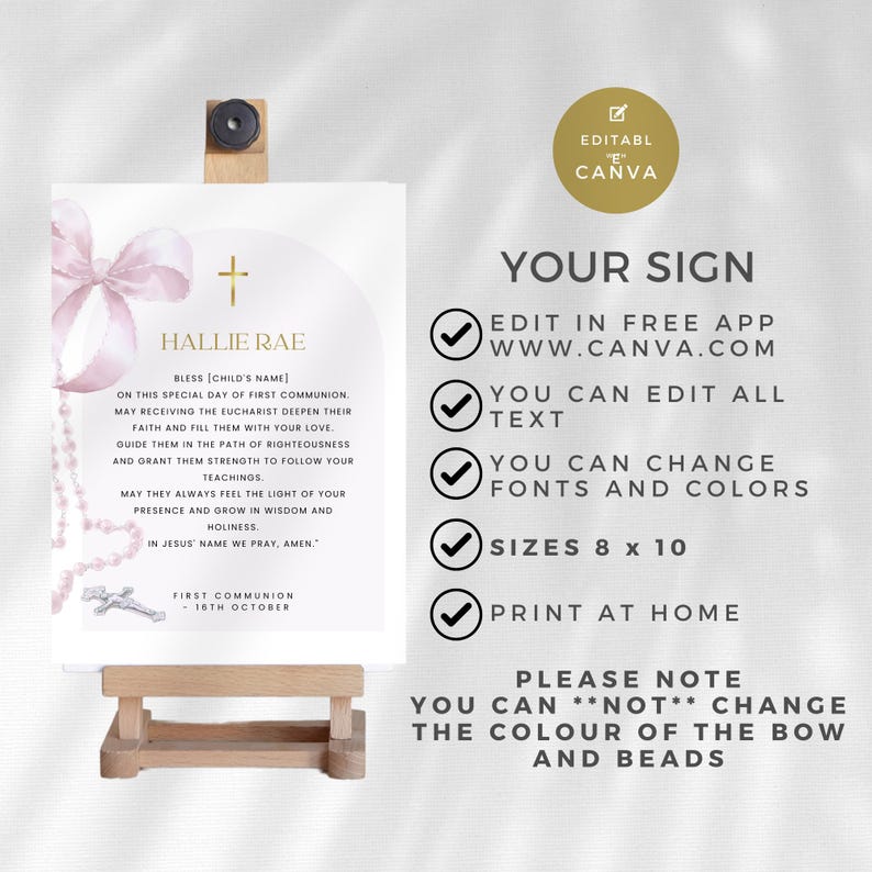 First Holy Communion Prayer Sign, Pink Bow and Rosary Decor for Girl ...