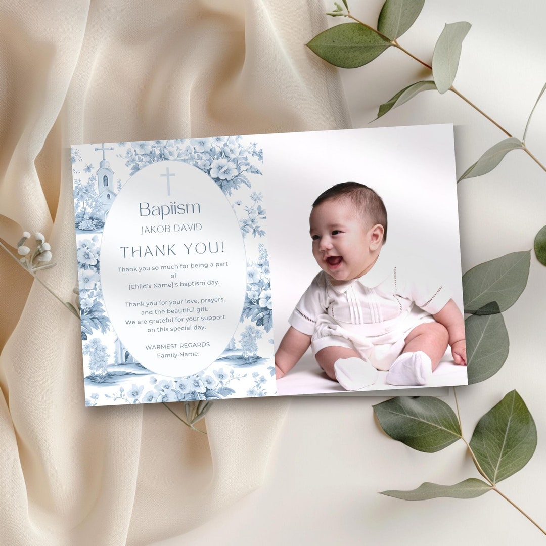 Baptism Thank You Card With Picture, Blue Toile De Jouy, Editable Baby ...