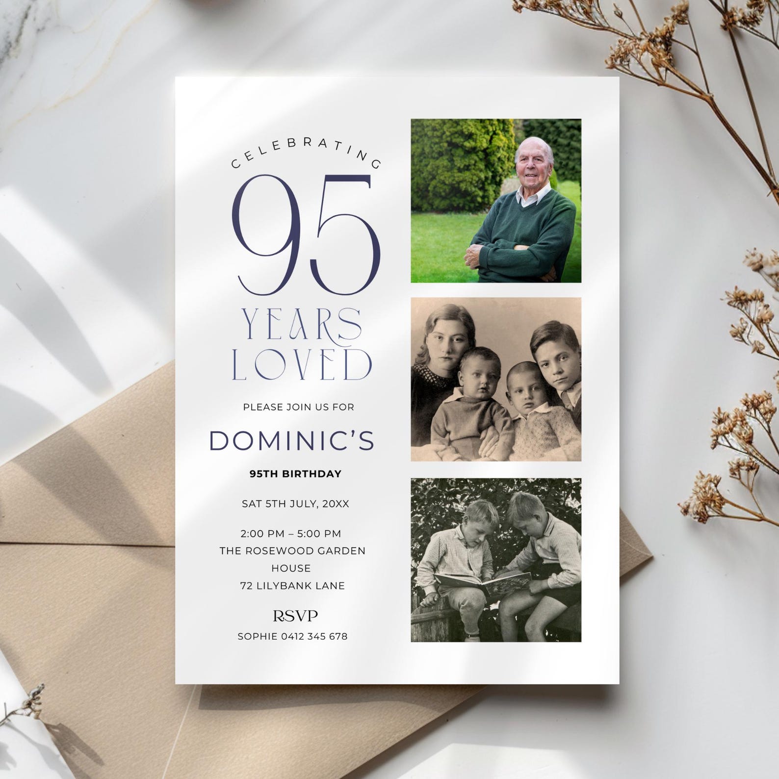 95th Birthday Invitation Digital, Modern, Minimal Years Loved Party ...