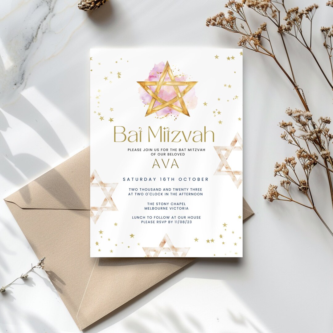 Bat Mitzvah Invitation Template, Star of David, Jewish Digital Party ...