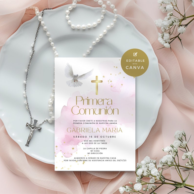 First Holy Communion Invitation Spanish, Girls Primera Comunion Invite ...