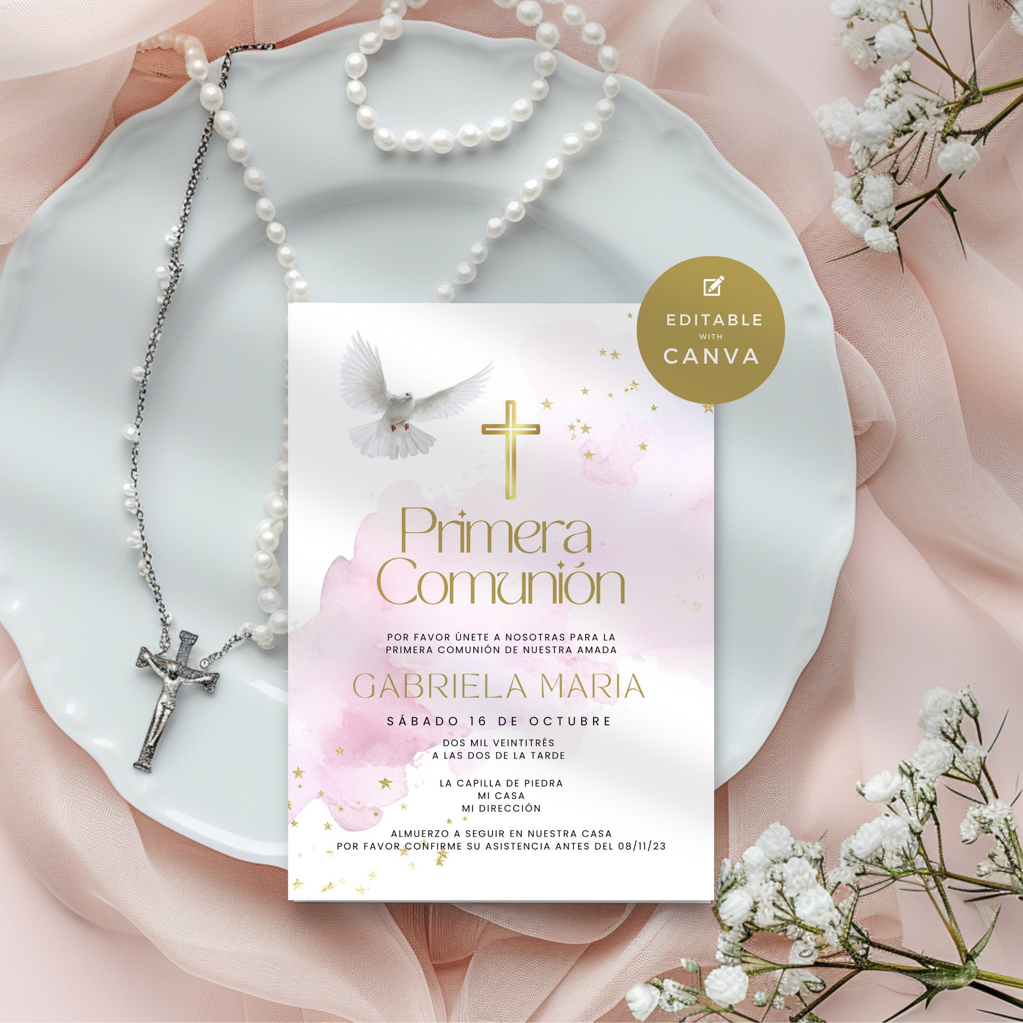 First Holy Communion Invitation Spanish, Girls Primera Comunion Invite ...