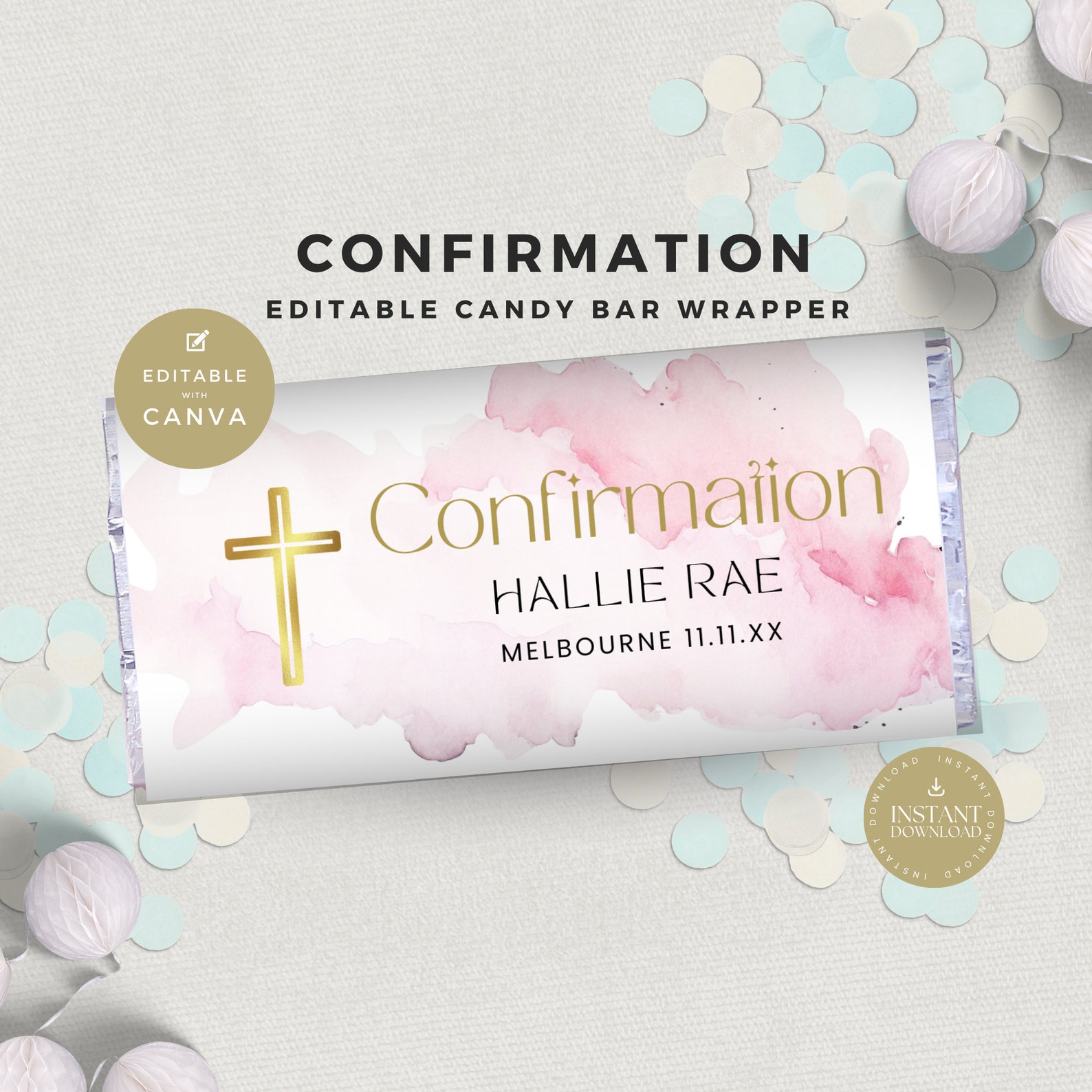 Pink Confirmation Candy Bar Wrapper, Watercolour, Girl, Hershey ...