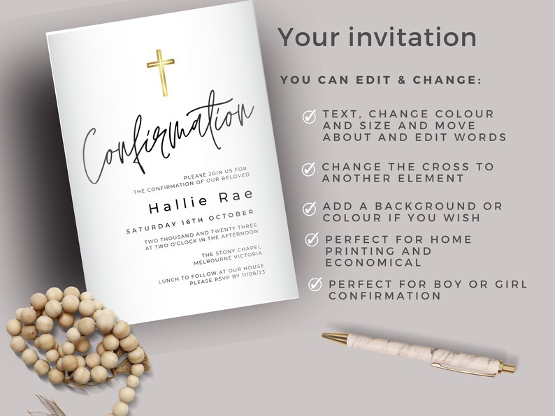 Confirmation Invitation Digital Download Cards, Elegant, Simple and ...