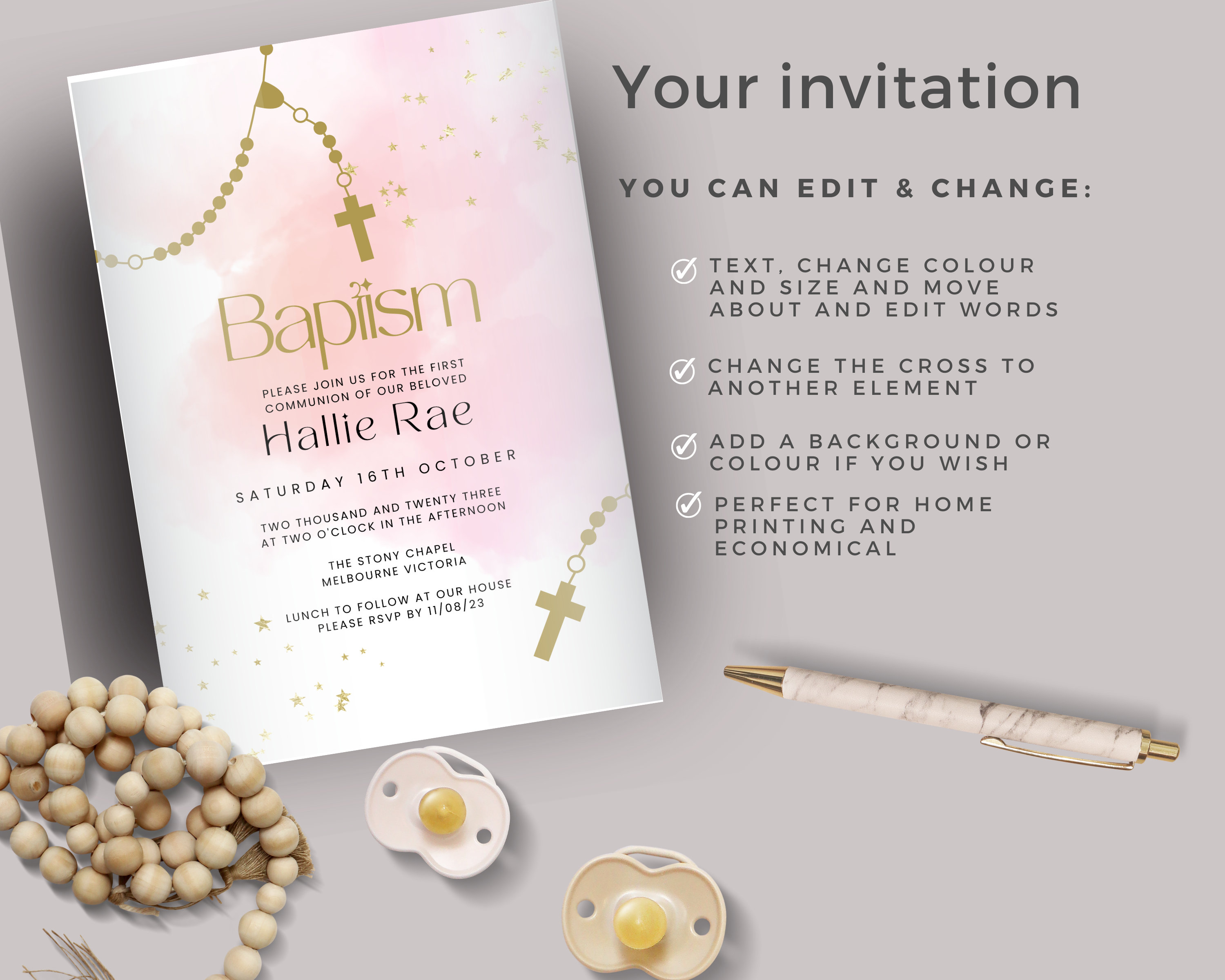 Rosary Baptism Invitation for Girl, Blush Pink Watercolor, Digital ...