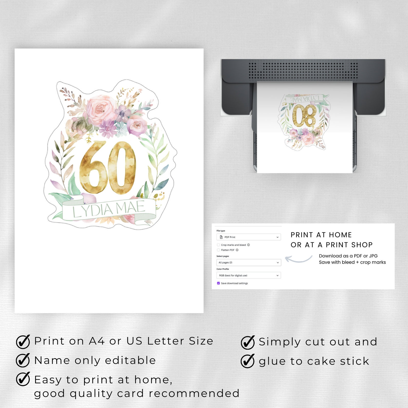 60th Birthday Decorations for Women Cake Topper, Printable, Editable ...
