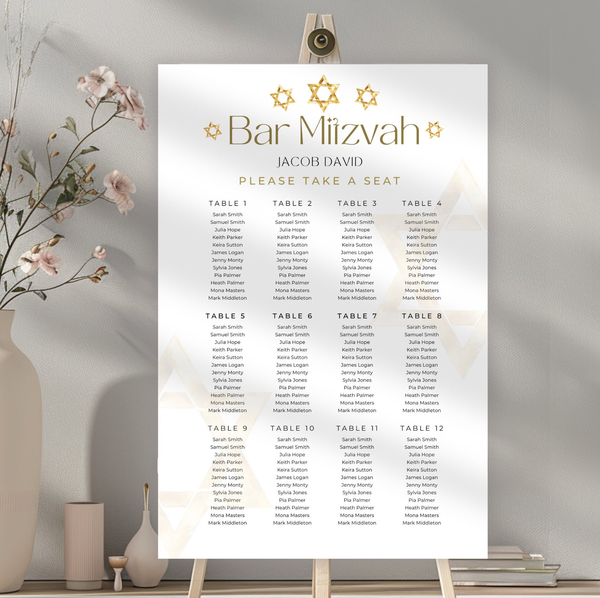 Seating Chart Template for Bat Mitzvah, Bar Mitzvah Table Arrangement ...