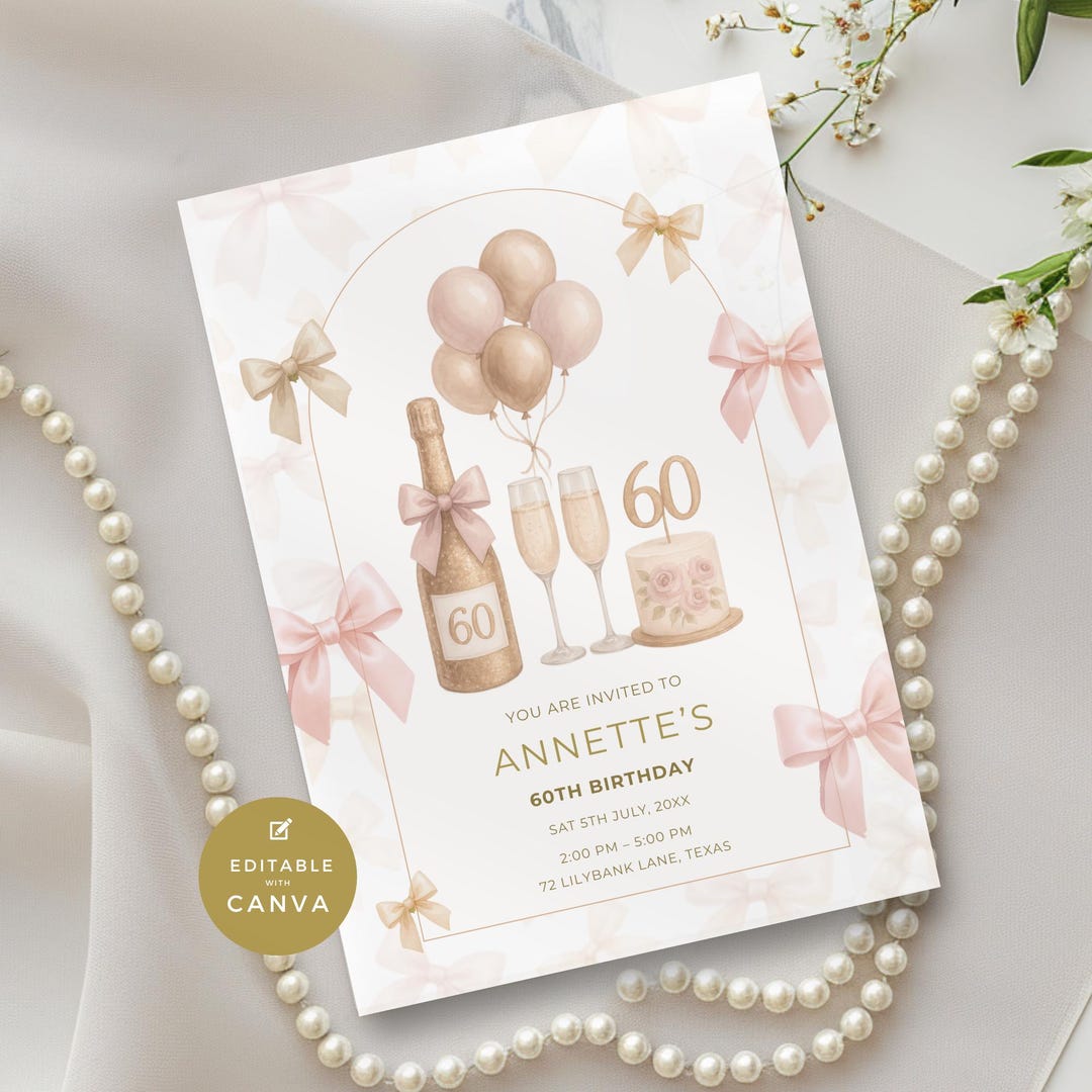 60th Birthday Invitation for Women, Elegant and Modern Champagne & Bow ...