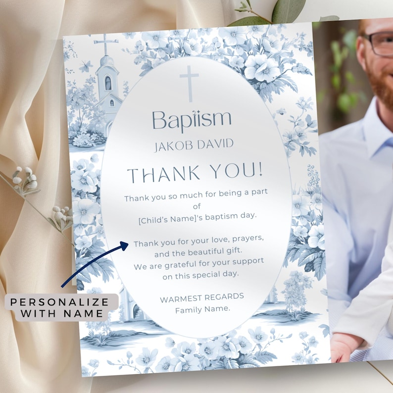 Baptism Thank You Card With Picture, Blue Toile De Jouy, Editable Baby ...