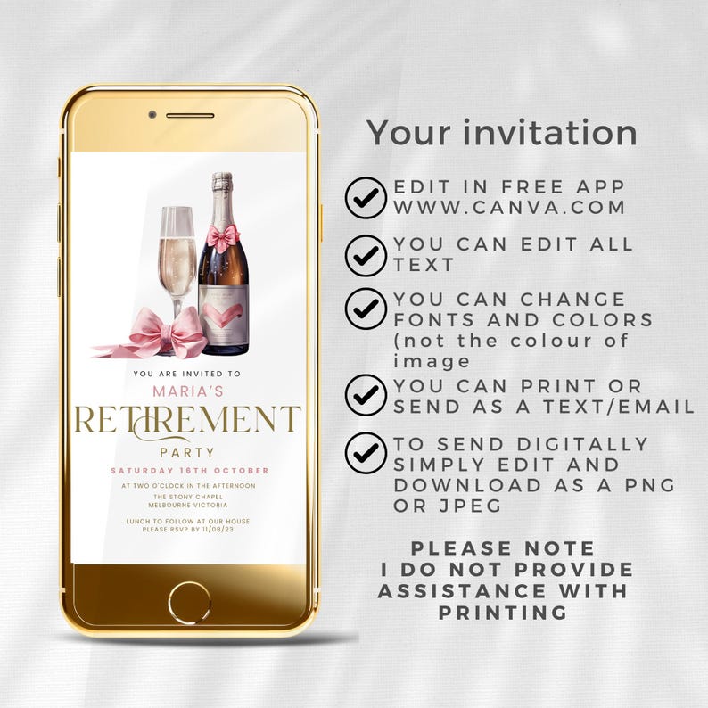 Retirement Party Invitation for Women or Men, Modern Gold and White ...