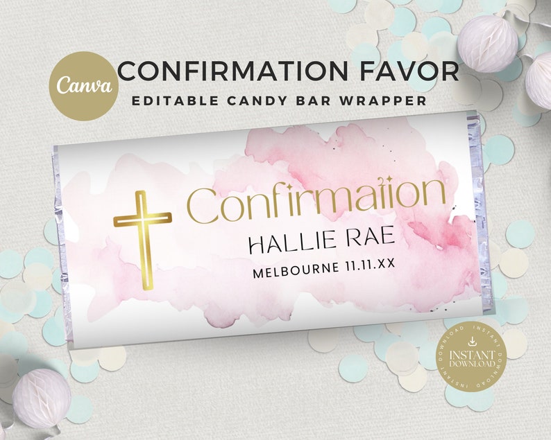 Pink Confirmation Candy Bar Wrapper Watercolour Girl - Etsy