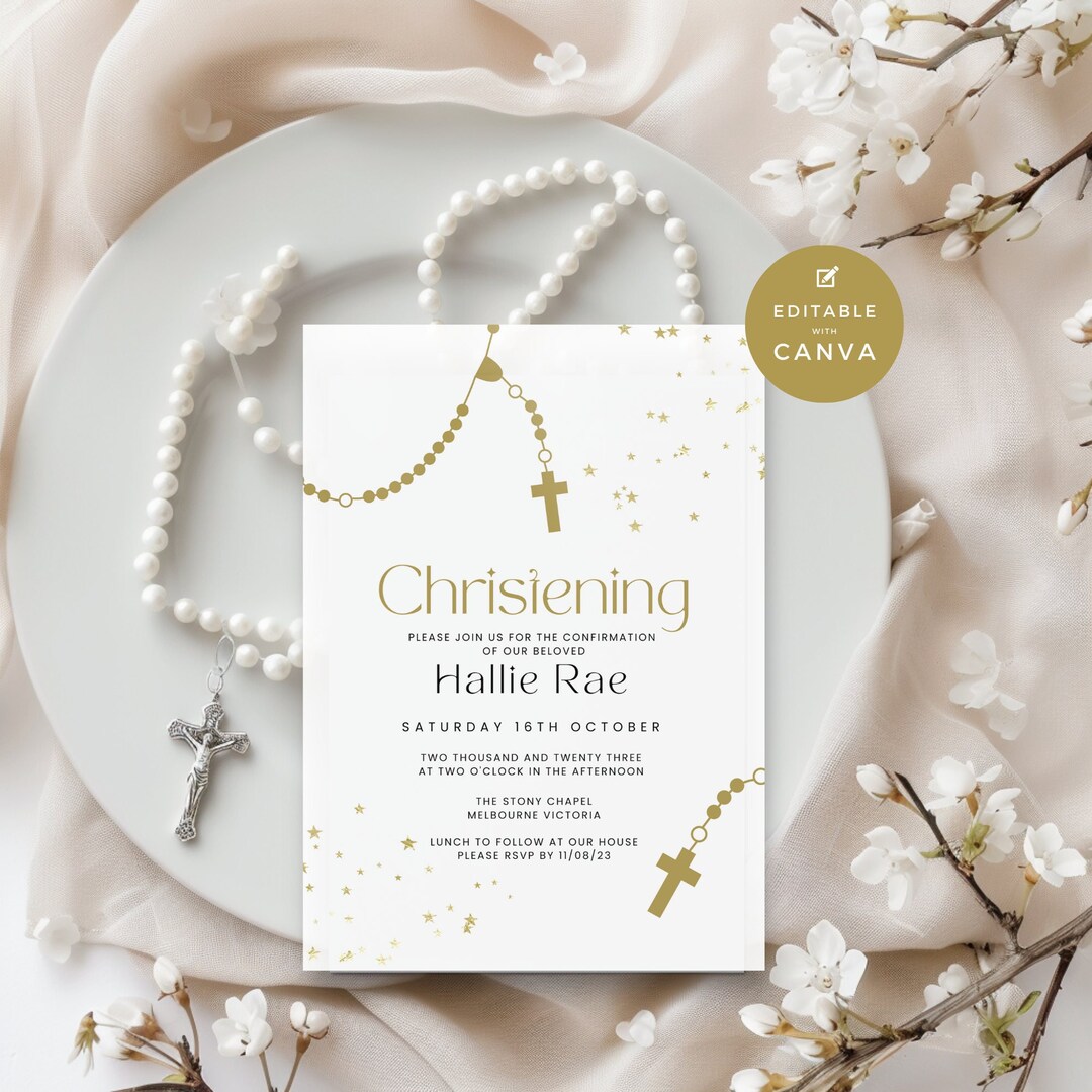 Christening Invitation Girl or Boy, Modern, Gold Rosary Invite ...