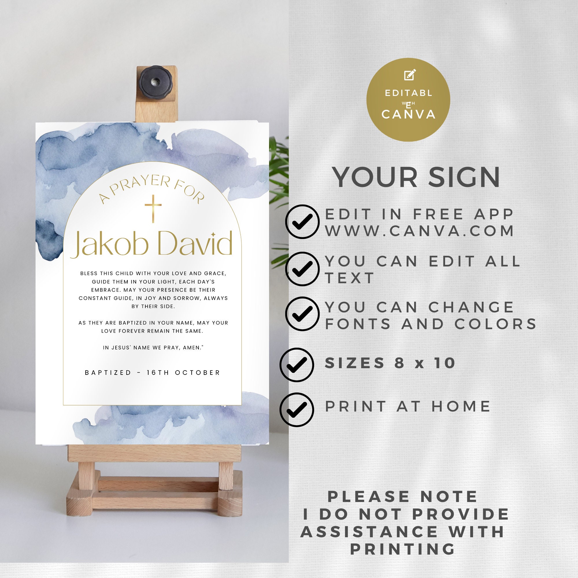 Baptism Prayer Sign, Navy Watercolor Decor Sign for Boy, Christening ...