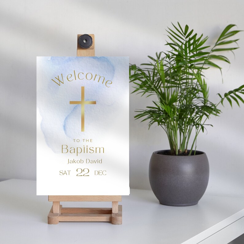 Dusty Blue Baptism Welcome Sign, Modern Watercolor Poster Template ...