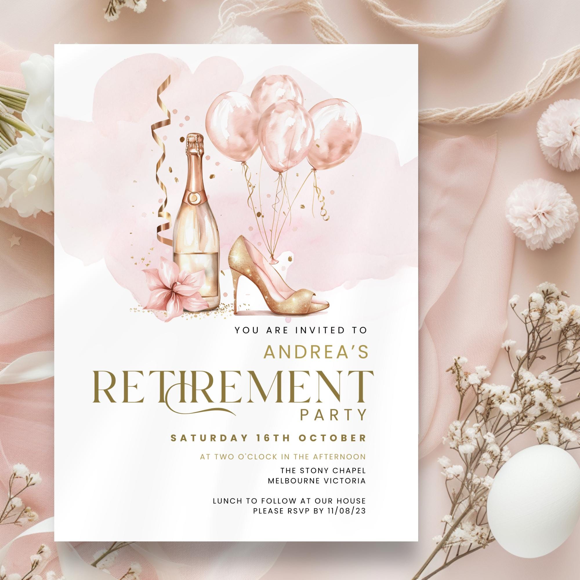 Retirement Party Invitation for Women, Modern Pink & Gold Champagne and ...