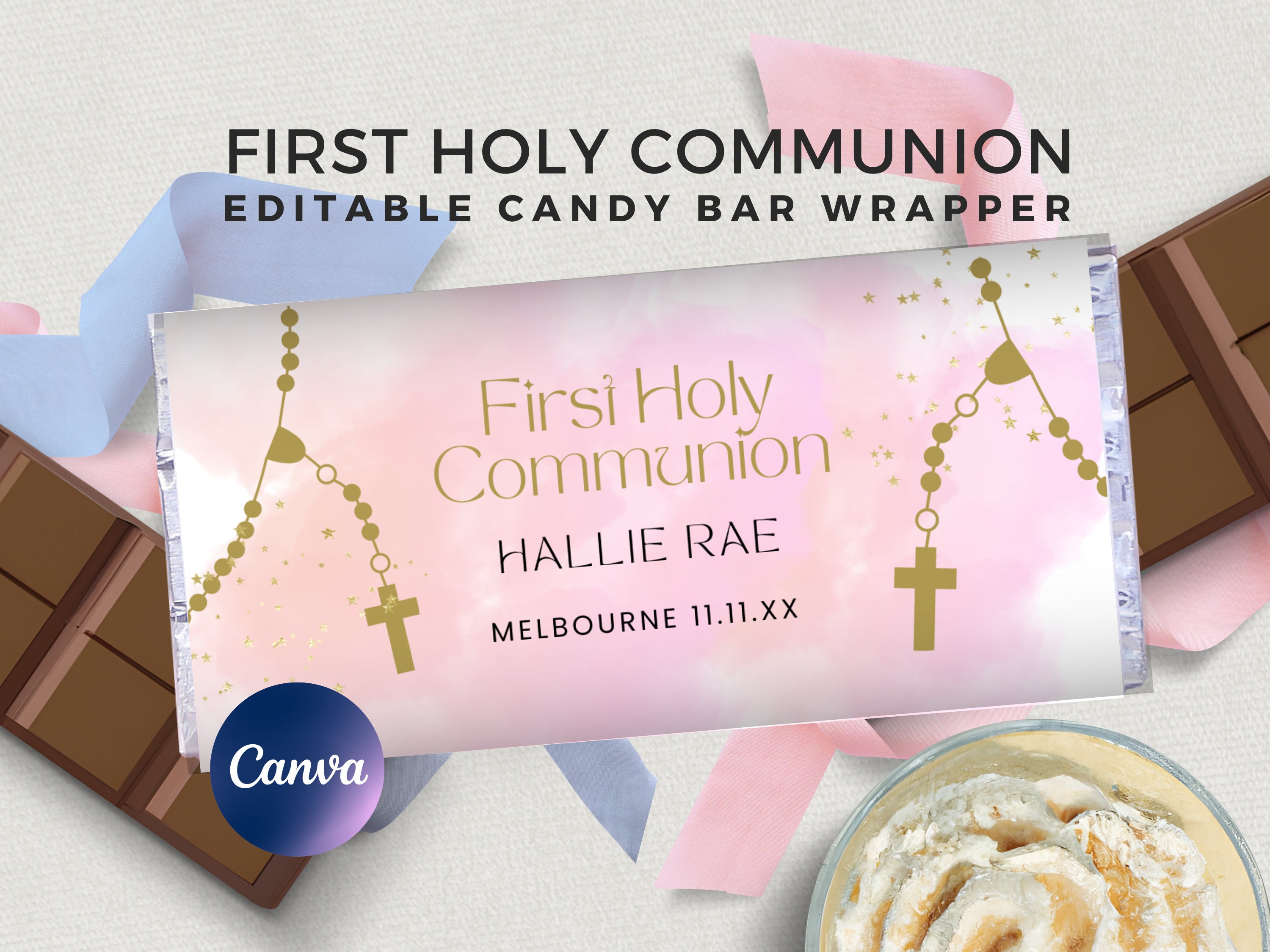 Pink First Holy Communion Candy Bar Wrapper, Girl, Personalized ...