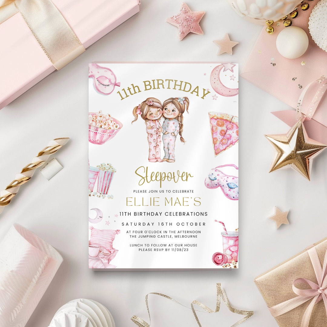 11th Birthday Sleepover Invitation, Eleventh Pajama Party Invite ...