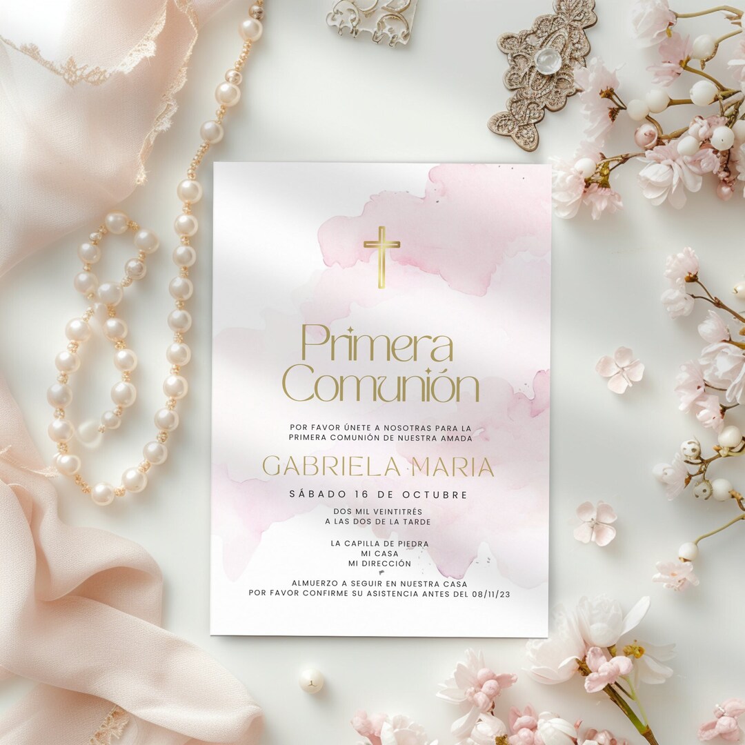 First Holy Communion Invitation Spanish, Girls Pink Primera Comunion ...