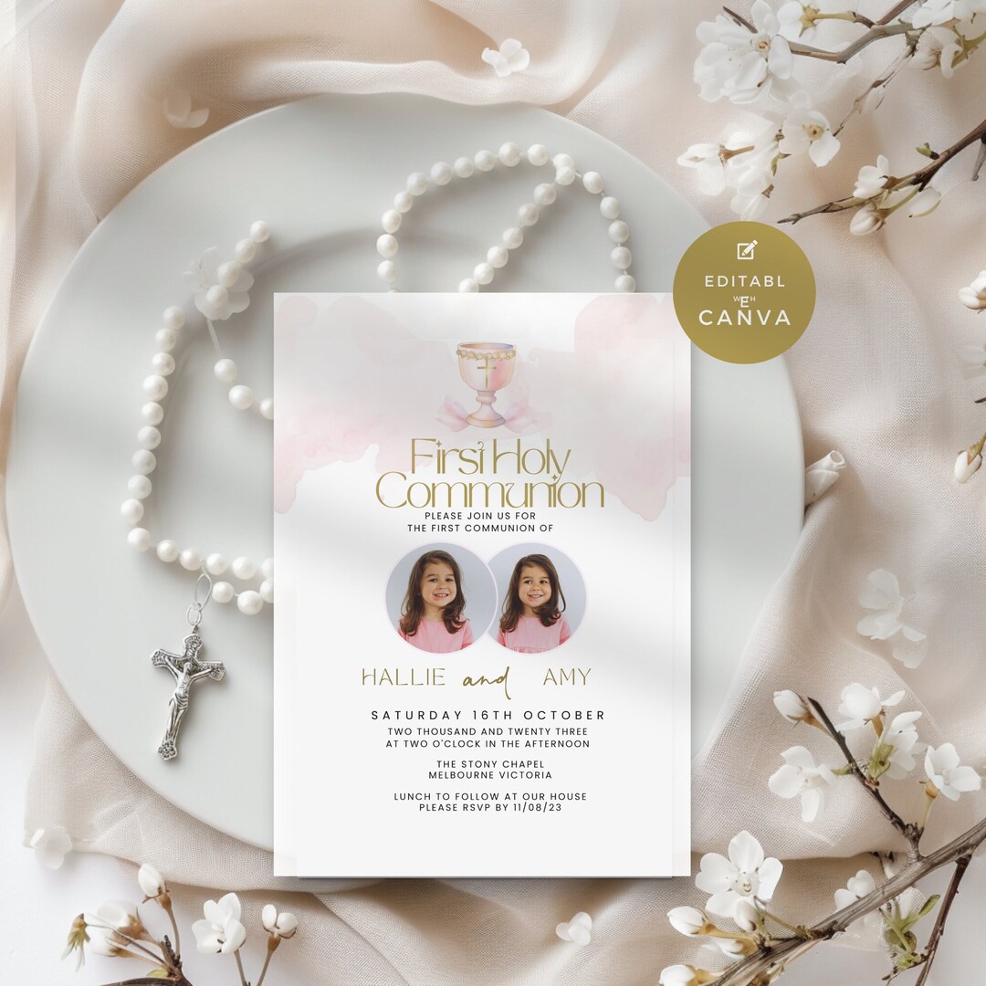 First Holy Communion Invitation Twin Girls, Photo 1st Communion Invite ...