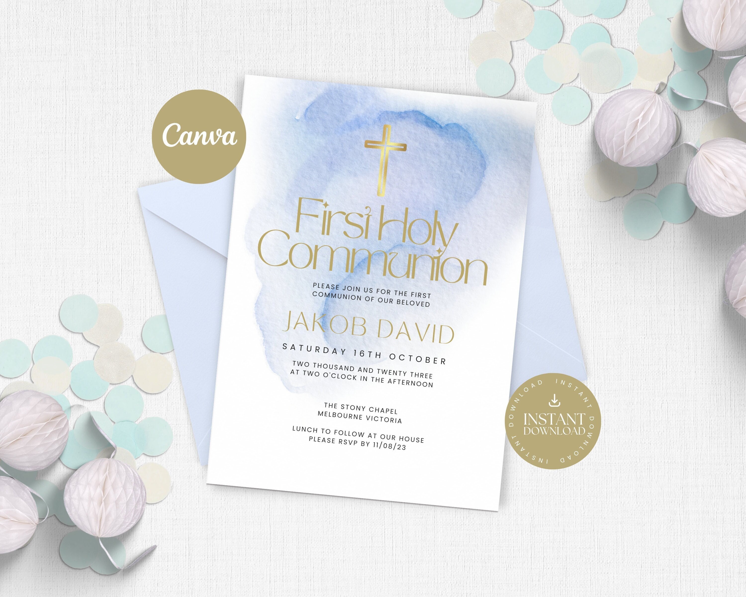 First Holy Communion Invite Boys, Simple 1st Communion Invitation Blue ...