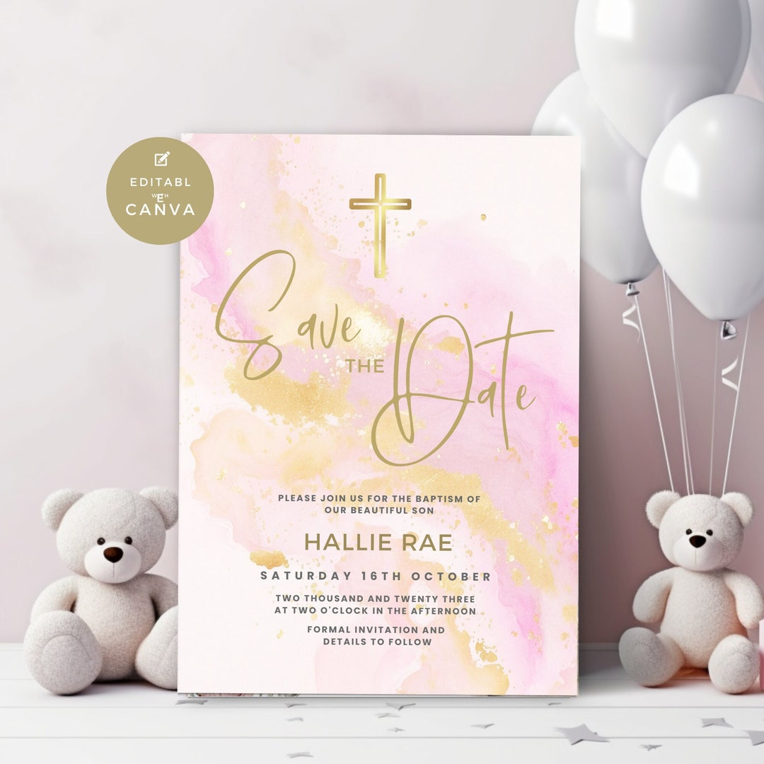 Save the Date Baptism Card, Minimalist, Modern, Pink and Gold ...