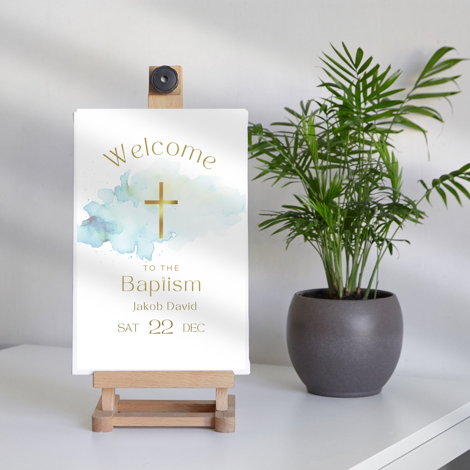 Dusky Blue Baptism Welcome Sign, Modern Watercolor Poster Template ...