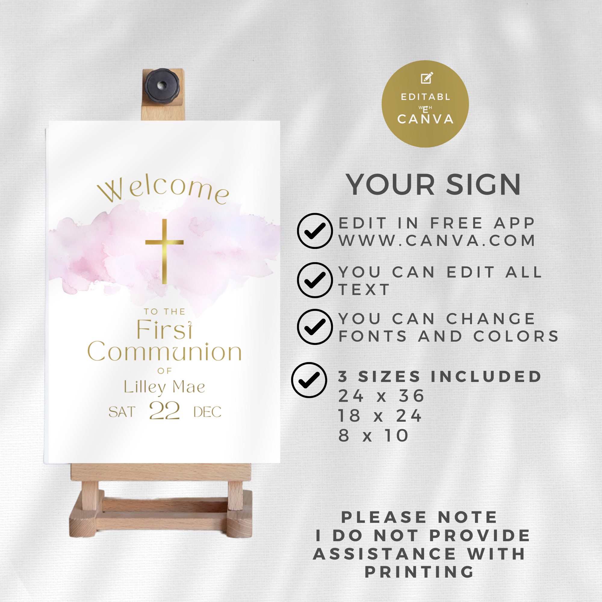 Pink First Holy Communion Welcome Sign, Watercolor 1st Communion Party ...
