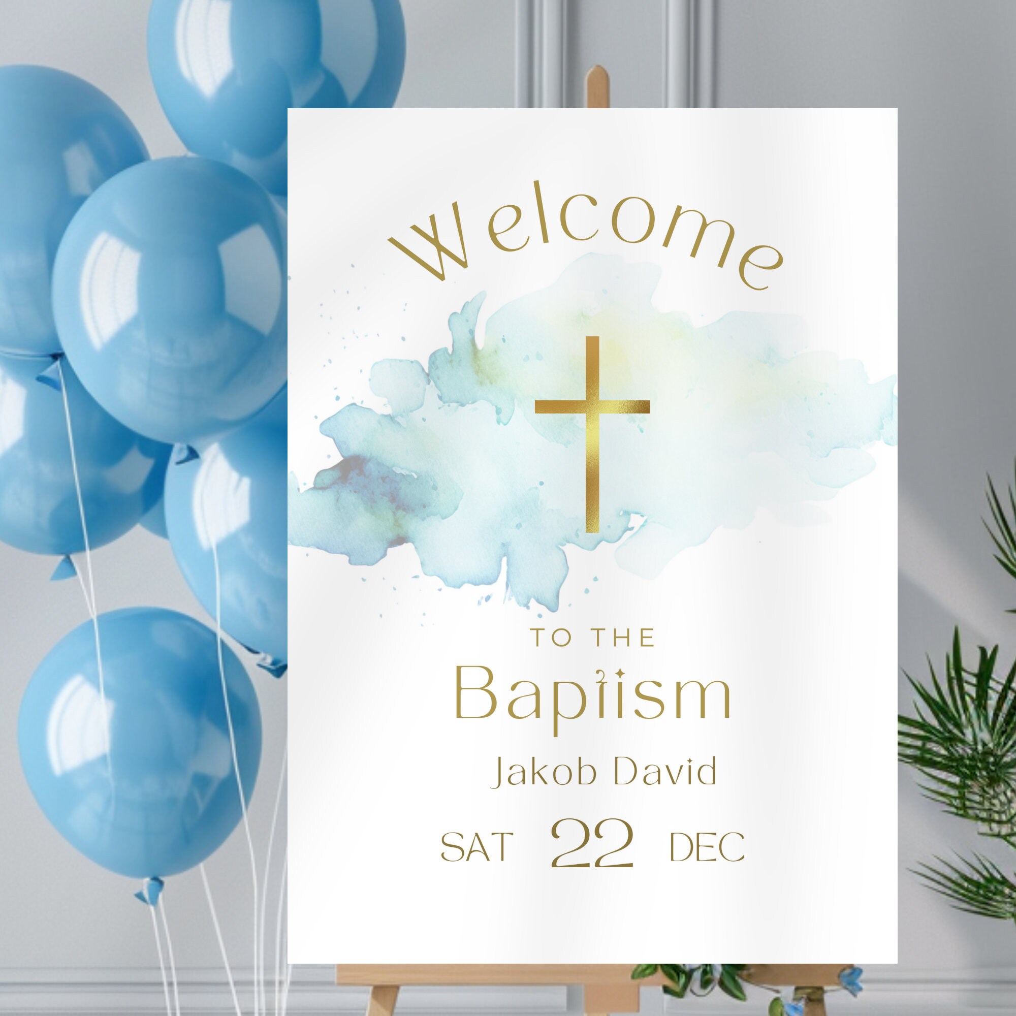 Dusky Blue Baptism Welcome Sign, Modern Watercolor Poster Template ...
