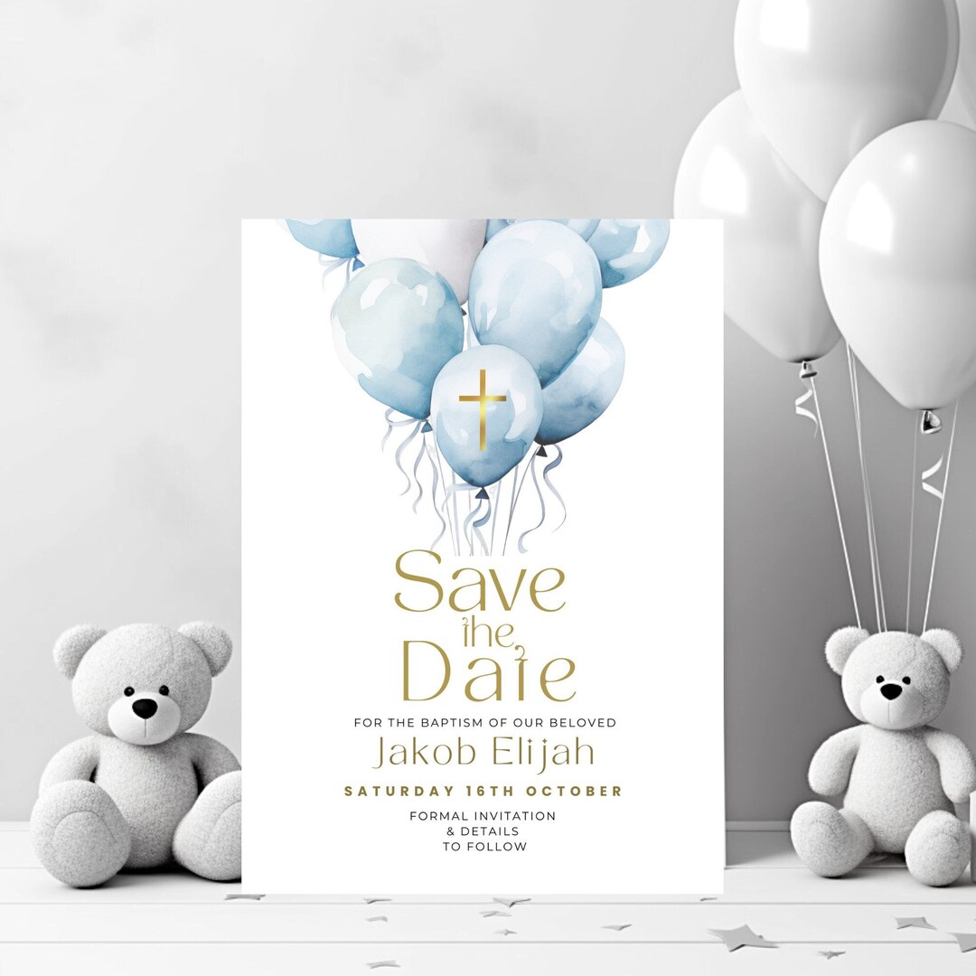 Save the Date Baptism Invitation, Boy, Blue and Gold, Balloons ...