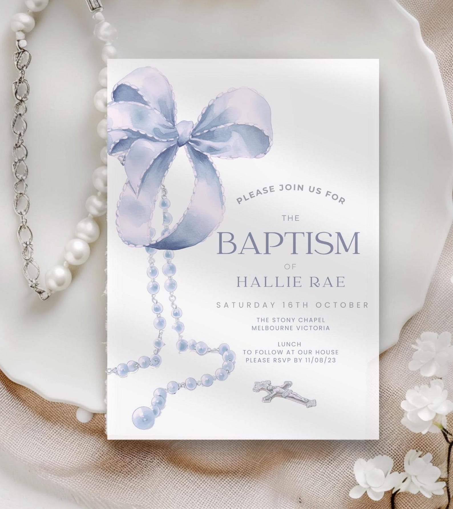 Baptism Invitation for Boy, Modern Blue Croquette Bow Design ...