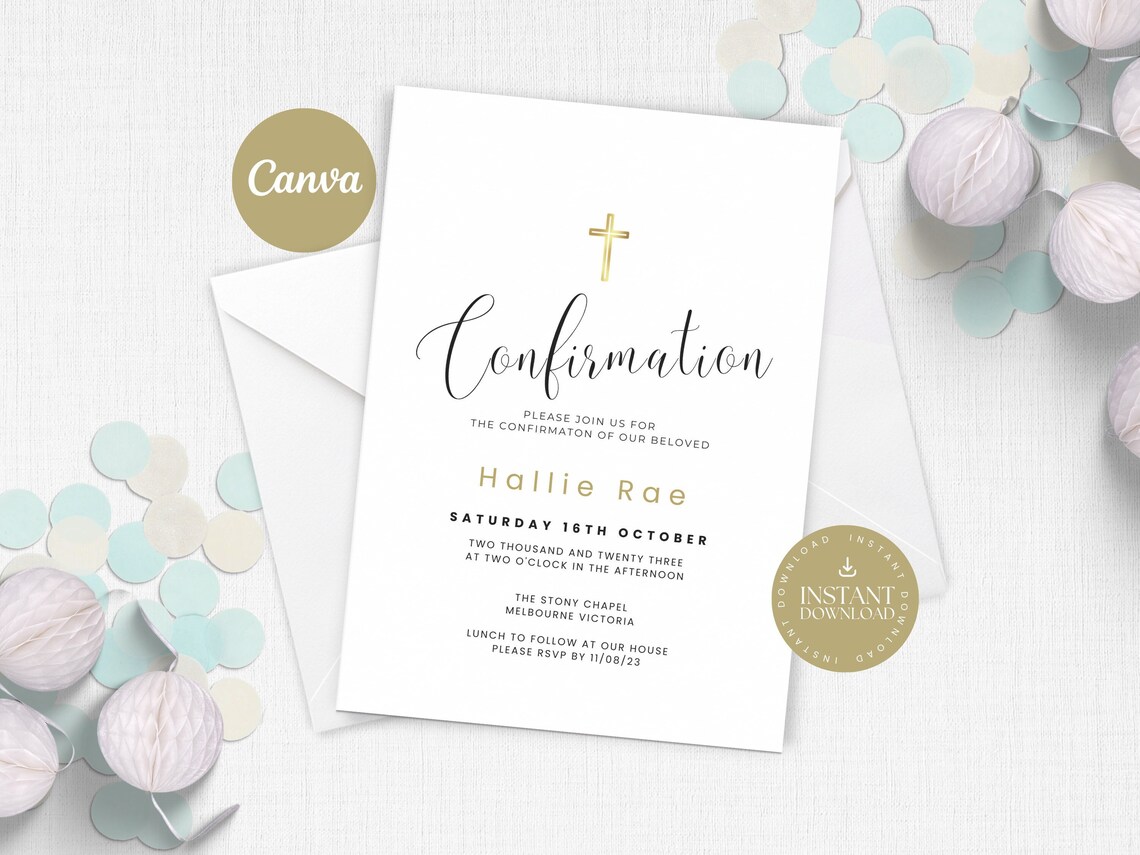 Confirmation Invitation Digital Download Cards, Elegant, Simple ...