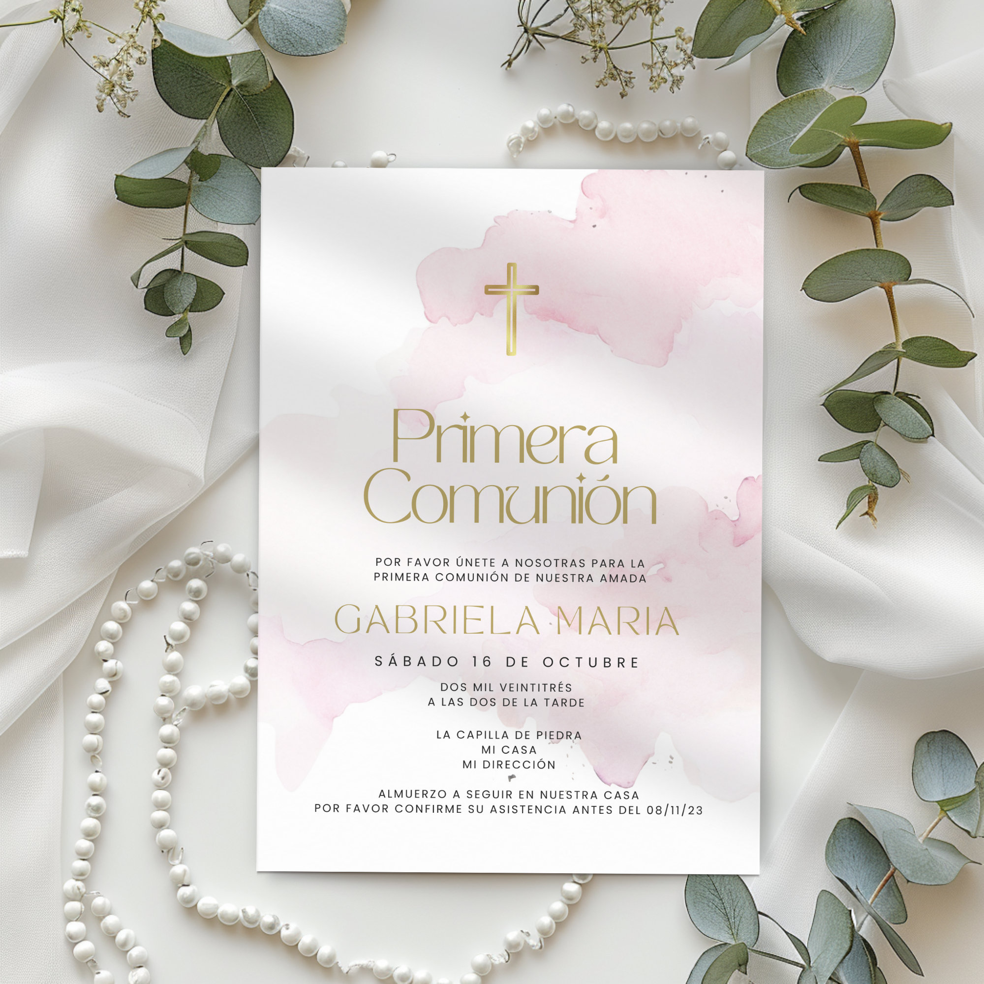 First Holy Communion Invitation Spanish, Girls Pink Primera Comunion ...
