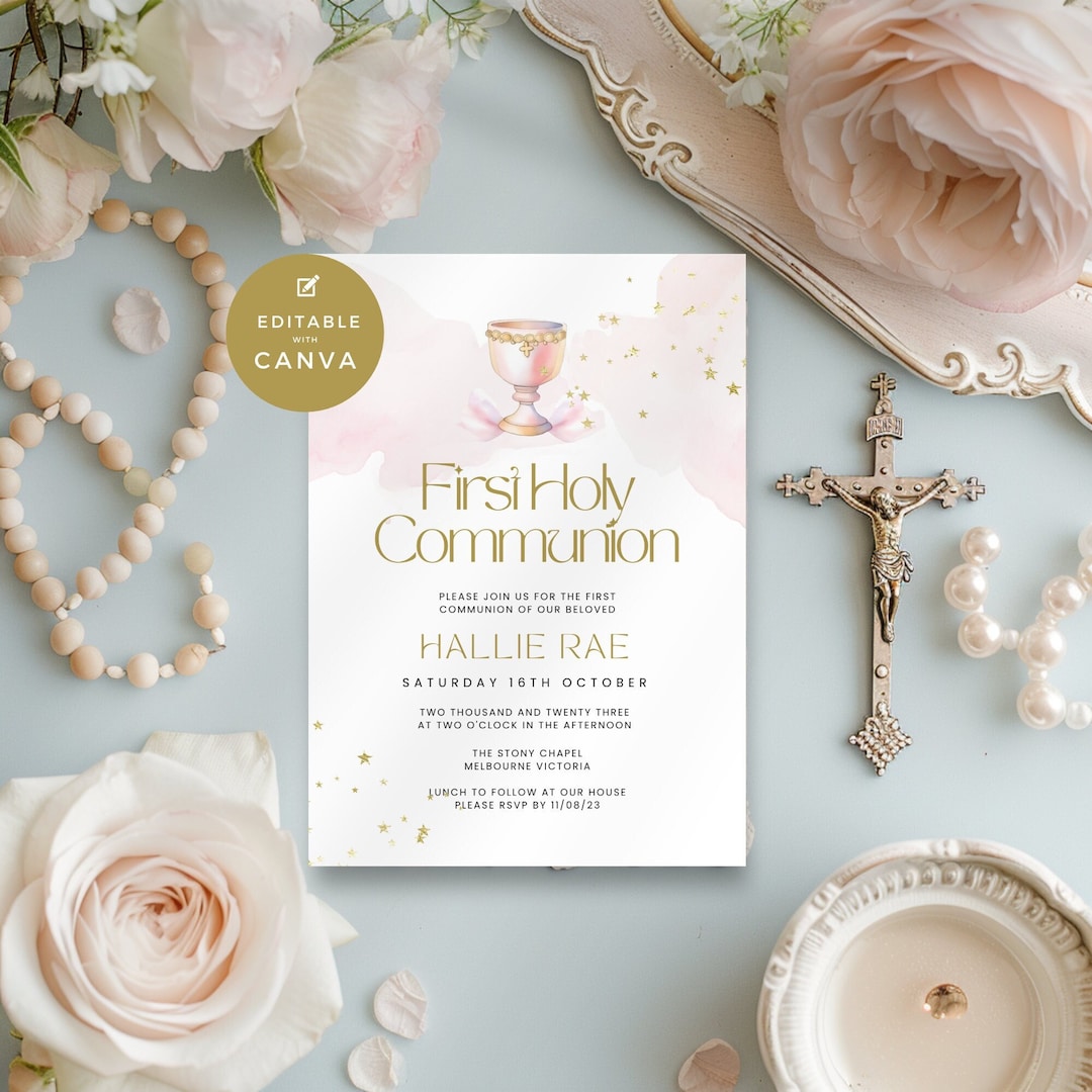 First Holy Communion With Chalice, Girls Religious Catholic Invite ...